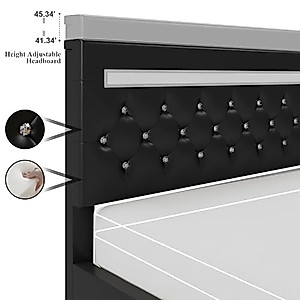 Forrise King Size LED Platform Bed Frame with Adjustable Headboard, Modern Bed Frame with Charging Station, Wooden Slats Support, Easy Assembly, No Box Spring Needed, Black