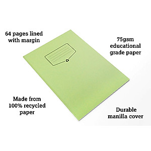 Silvine A4 Recycled Exercise Book - Lined With Margin (64 Pages) Green [Pack of 10]