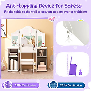 KOTEK Kids Vanity Table and Chair Set, 2 in 1 Wooden Princess Dressing Desk with Detachable Tri-Folding Mirror & Storage Shelves, Girls Pretend Play Beauty Makeup Vanity for Bedroom (White)