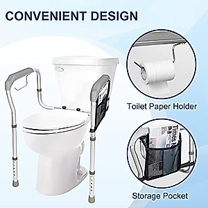 Toilet Safety Rails for Elderly, HEPO Handicap Toilet Frame with Handles and Storage Bag, Adjustable Height and Width for Bathroom Toilet Seat, Safety Assist Frame with Grab Bar for Senior Disabled