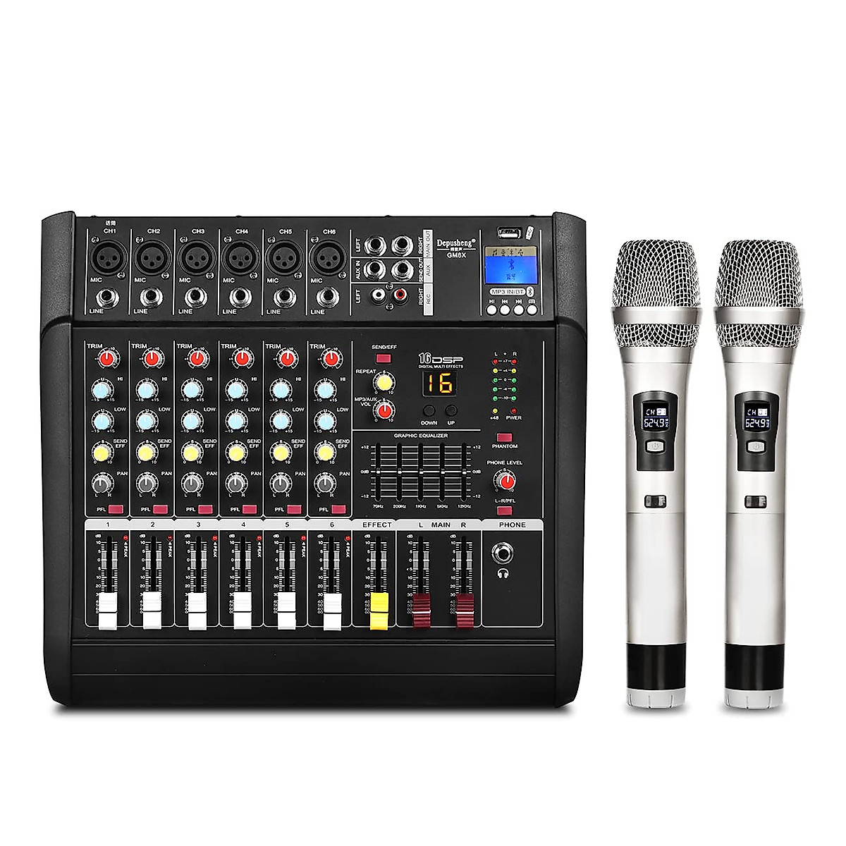 Professional 6 Channel Bluetooth USB Audio Mixer Mixing Console with 2 Handheld Wireless Microphone for Home Studio Recording DJ Network Live Karaoke - Depusheng GM6X