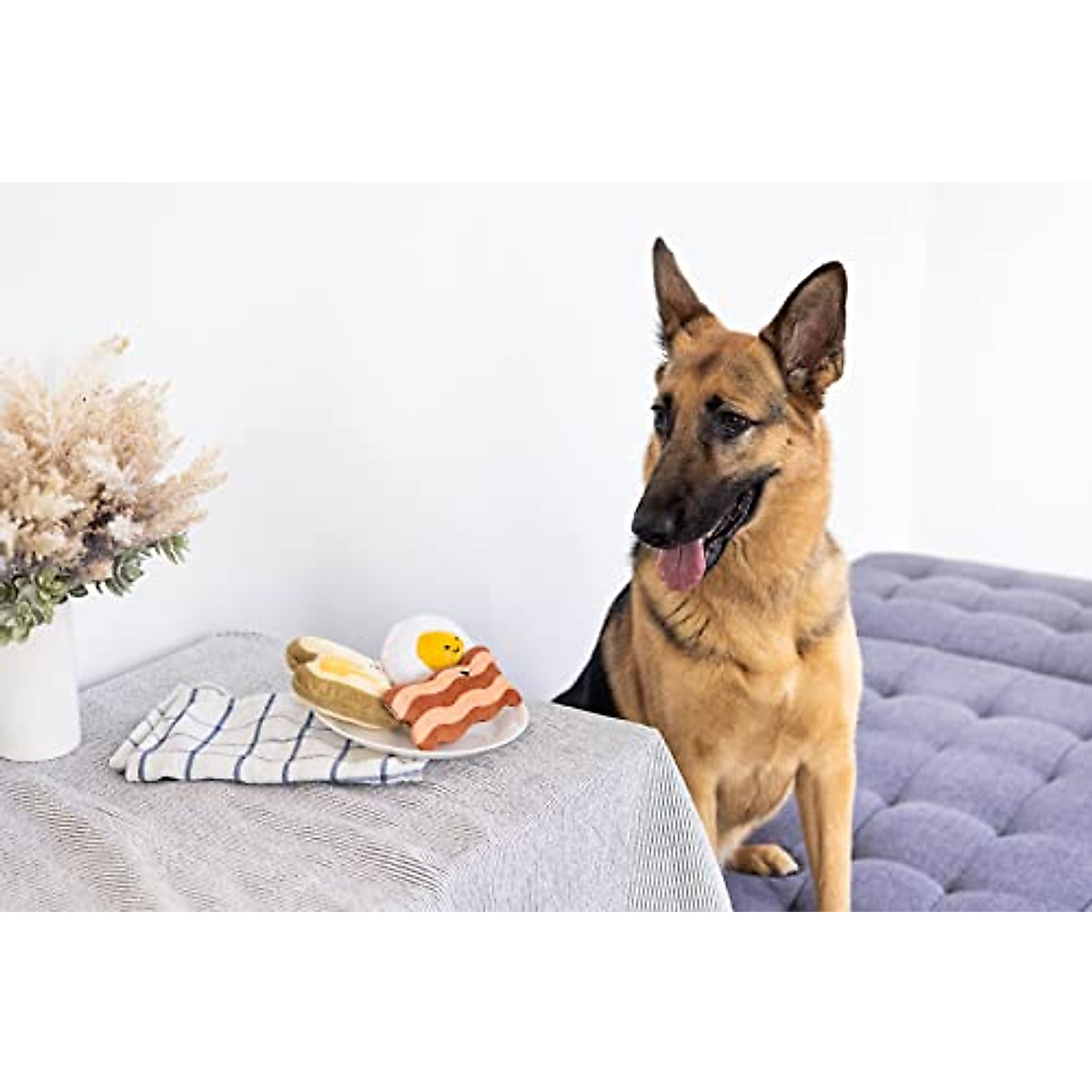 Pearhead Barkfast Dog Toys, Set of 3, Plush Pet Squeaker Toys, Breakfast Dog Toy Set, Toast Bacon & Egg Toy Set, Must Have Pet Accessories for Pet Owners