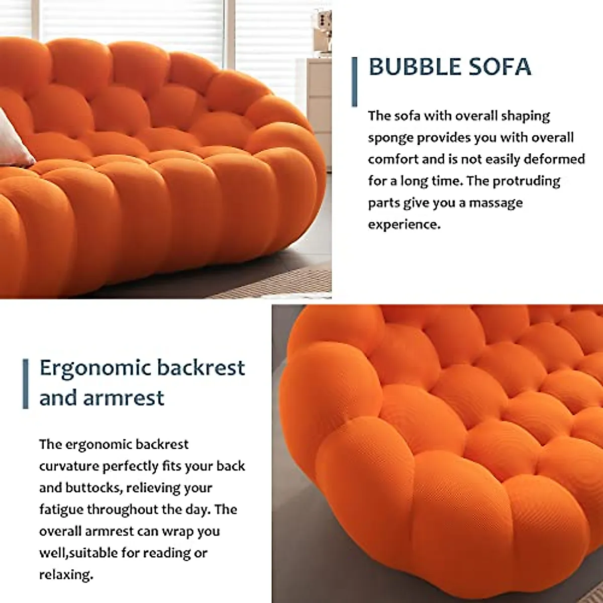 COULDWILL Modern Curved Sofa Upholstered Couch Overall Shaped Bubble Floor Sofa for Living Room, Office, Apartment, Orange
