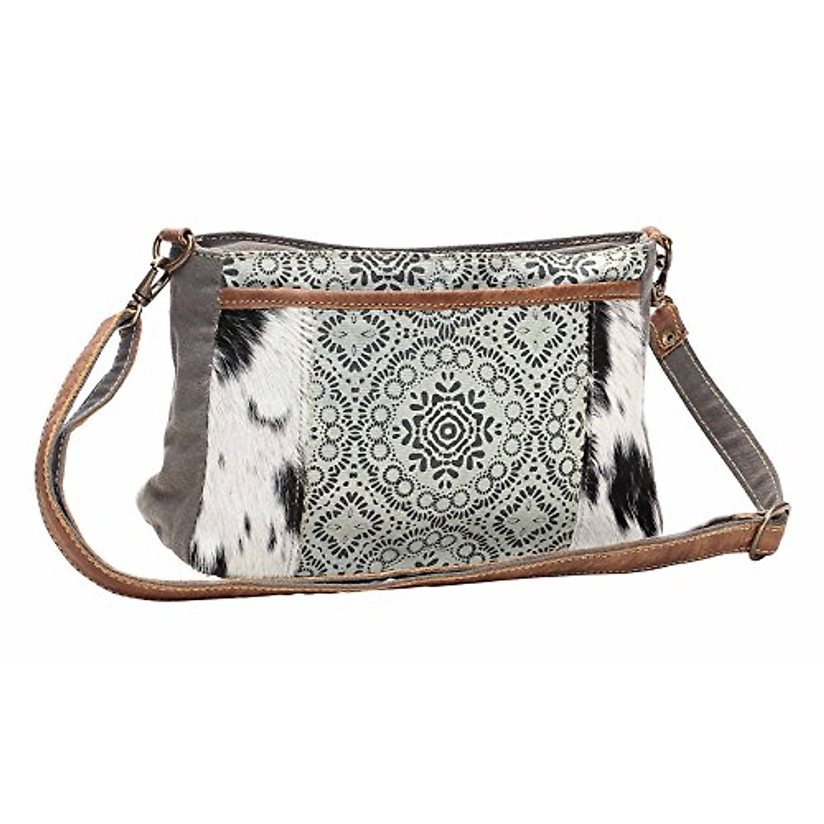 Myra Bag Dual Strap Cowhide & Upcycled Canvas Bag S-1149, Brown, One Size