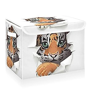 CaTaKu Animal Cute Tiger Storage Bins with Lids and Handles, Fabric Large Storage Container Cube Basket with Lid Decorative Storage Boxes for Organizing Clothes