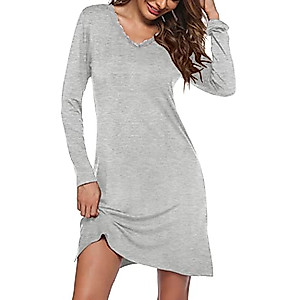 Ekouaer Womens Nightgowns Long Sleeve Ladies Night Shirt V Neck Loungewear Soft Sleep Dress Grey