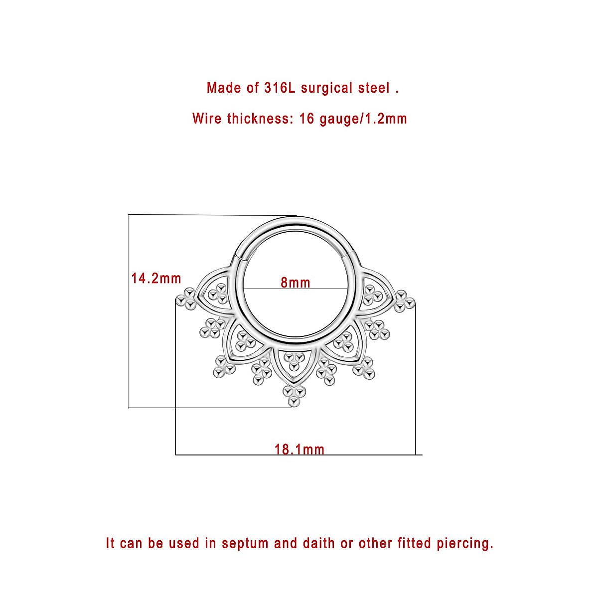 FANSING 16g Surgical Steel Septum Rings 8mm Lotus Septum Jewelry with Beaded balls Helix Piercing Jewelry 16 Gauge