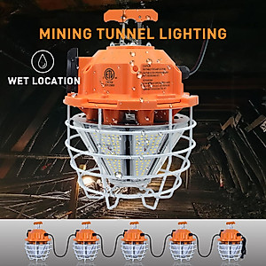 NS 150W LED Temporary Work Light Fixture, 24750LM Linkable Daylight White 5,000K Portable Hanging Lamp Jobsite Lighting Stainless Steel Protective Cover for Outdoor Construction High Bay Warehouse