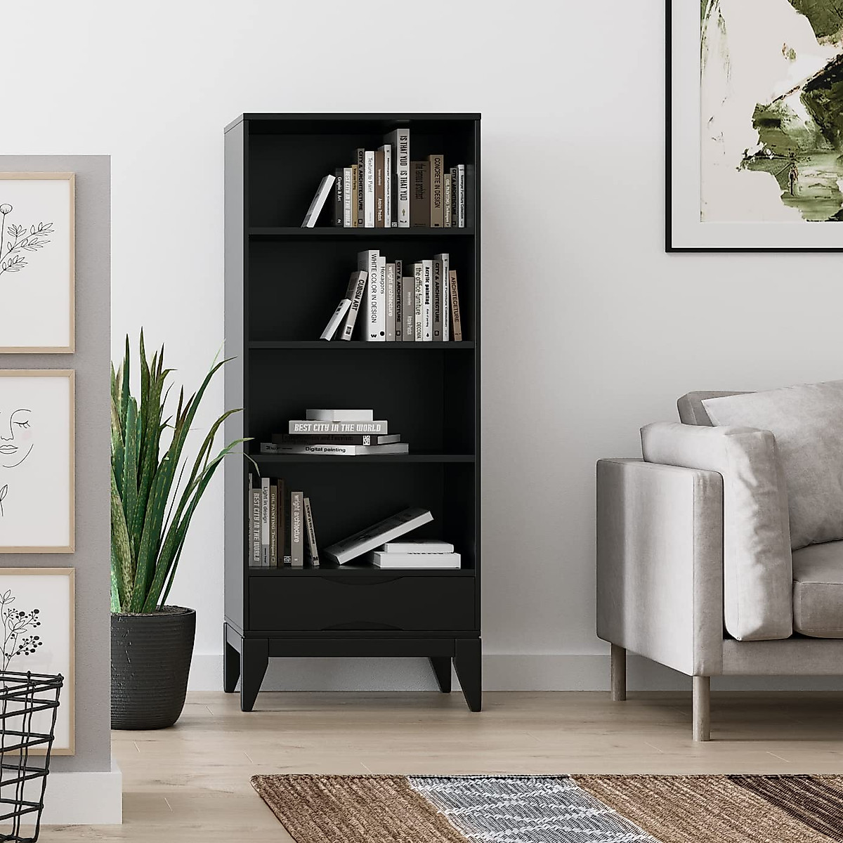SIMPLIHOME Harper SOLID HARDWOOD 24 Inch Wide Mid Century Modern Bookcase with Storage in Black, For the Living Room, Study Room and Office