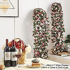 PONKING 8 Pcs 66FT Flower Garland, Artificial Rose Vine Flowers with Green Leaves Hanging for Room, Anniversary Wedding Birthday Christmas Wall Arch Decor, Spring Pink Flower