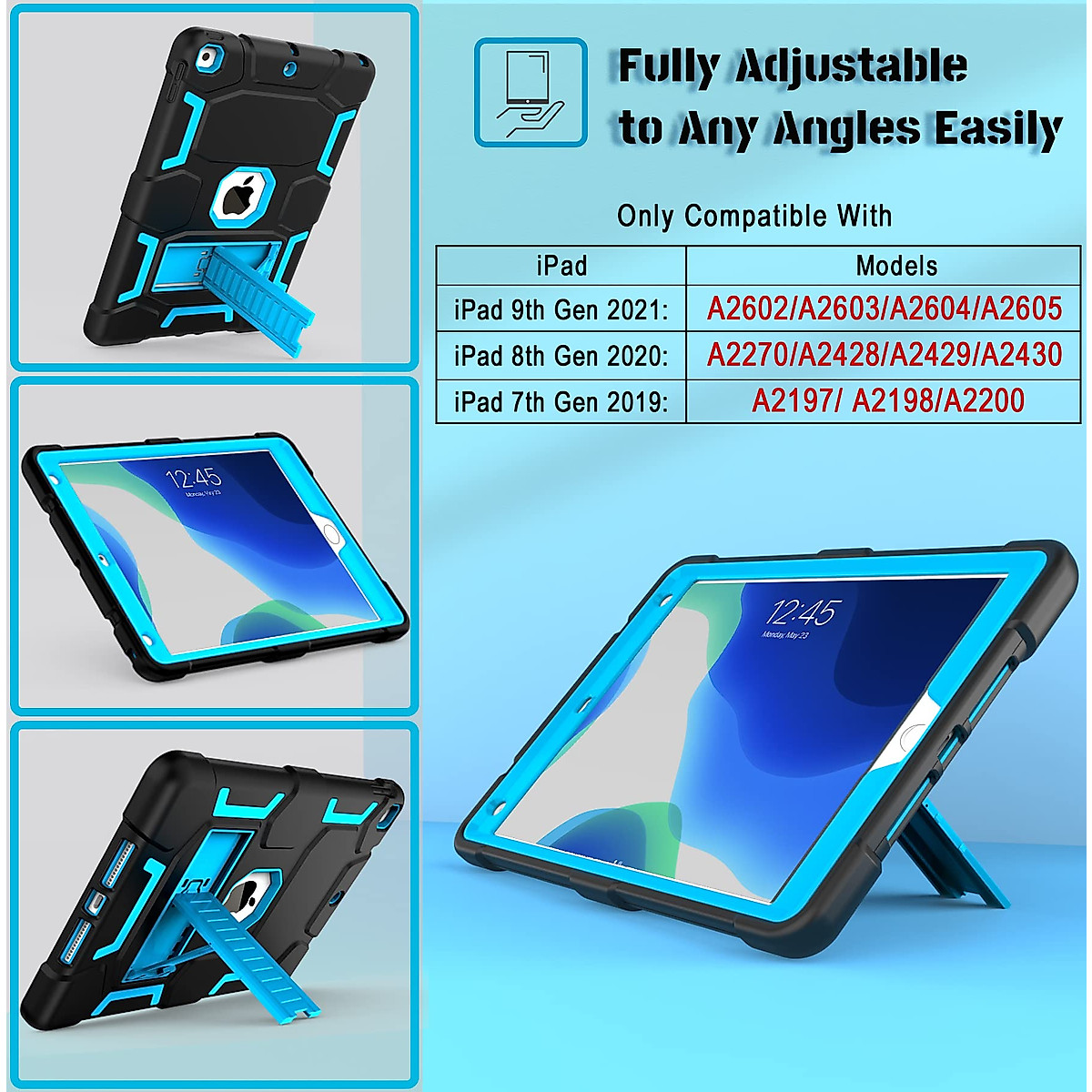 CCMAO iPad 9th Generation Case, iPad 8th/7th Generation Case, iPad 10.2 2021/2020/2019 Case with Kickstand, Heavy Duty Shockproof Hybrid Three Layer Protective Cover for Kids Boys, Black+Sky Blue