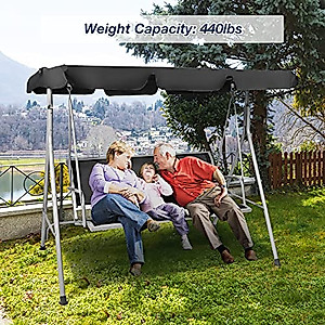 Vilobos Outdoor Patio Swing Chair, 3-Seater Porch Swing Bench with Adjustable Canopy and Duracble Metal Stand, Swing Set for Backyard, Porch and Garden, Black