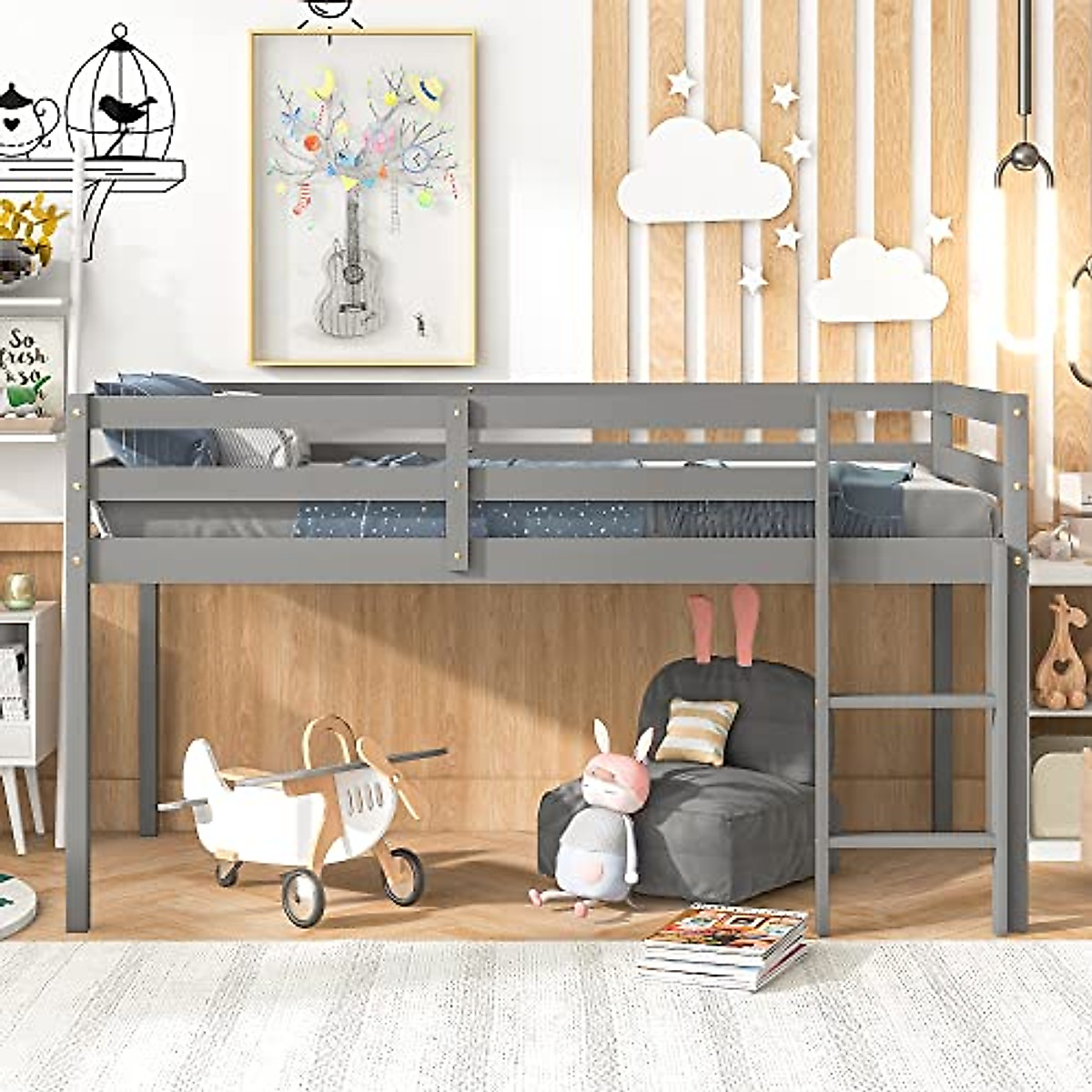 LoLado Loft Bed Twin,Loft Bed for Kids with Ladders and Guard Rails,Solid Wood and Sturdy Low Loft Bed Frame for Boys Girls and Junior,No Box Spring Needed,Easy to Assembly,Twin(Grey)