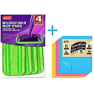 HOMEXCEL Microfiber Mops Reusable Floor Mop Pads 12-inch Swiffer Wet Jet Refills 4 Pack,Bundle with 12 Pack Swedish Sponge Dish Cloth Reusable Abosorbent Hand Towels Sponge Cloth