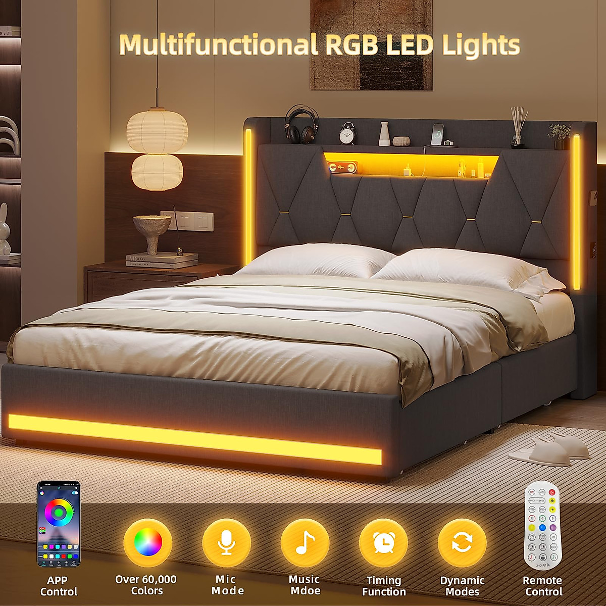 busyaeh King Bed Frame and Headboard with Storage, King Size Bed Frame with LED Lights & Charging Station, Upholstered King Bed Frame, No Noise, No Box Spring Needed, Easy Assembly