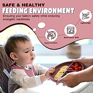 Silicone Baby Feeding Set 14 Pcs -Baby Lid Weaning Supplies including Divided Plate with Lid, Cup, Adjustable Bib, Toddler Spoons and Forks, Perfect for Self-Feeding with Fruit Feeder (PINK)