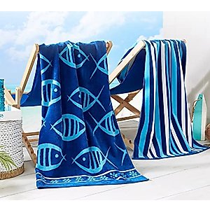 Great Bay Home Large Beach Towel Set of 2 - Blue Fish and Striped Beach Towels for Adults and Velour Pool Towels 100% Cotton - Lightweight Quick Dry Beach Towel Pack - Beach Towel for Travel