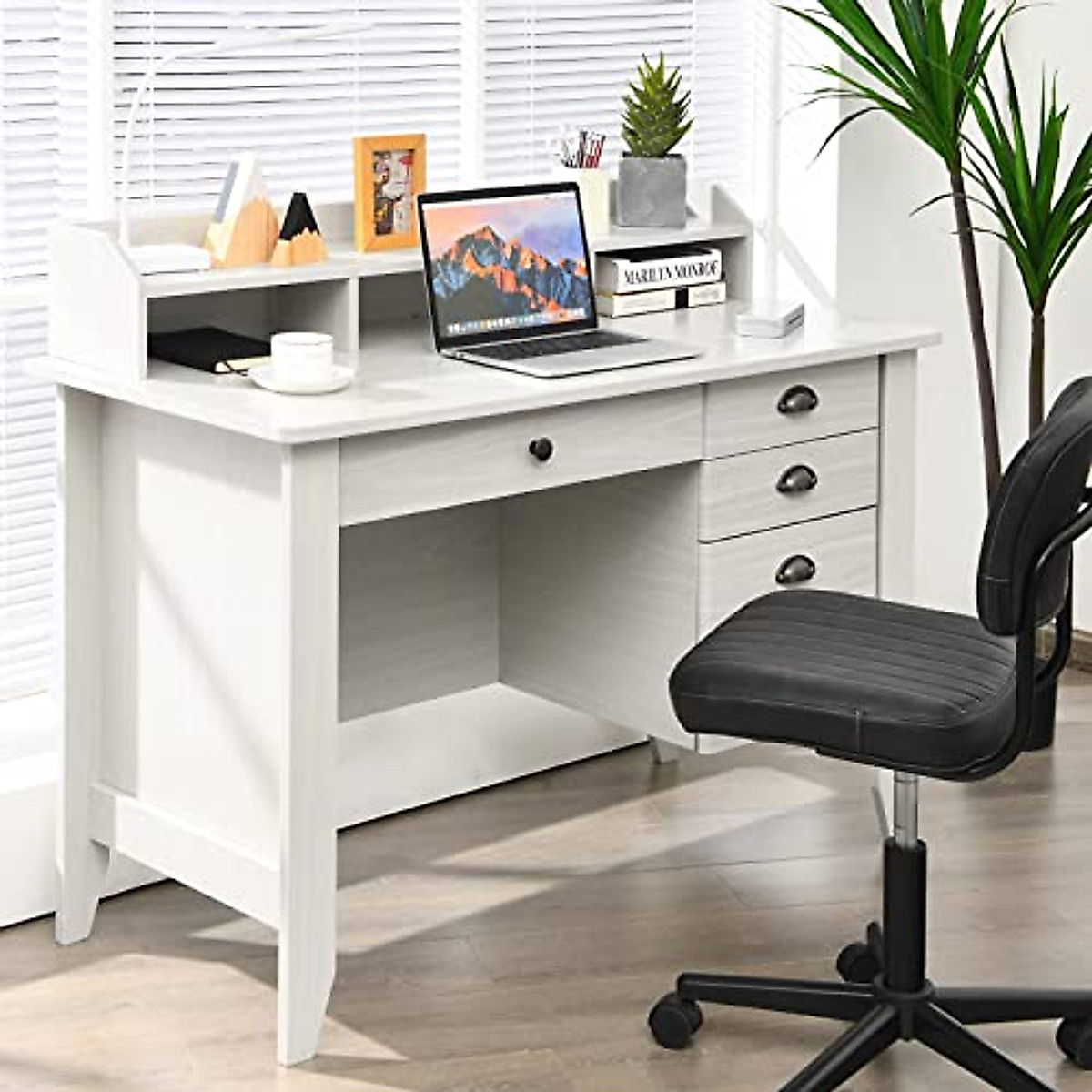 Tangkula White Desk with 4 Storage Drawers & Hutch, Home Office Computer Desk Vintage Desk with Storage Shelves, Wooden Executive Desk Writing Study Desk (White)