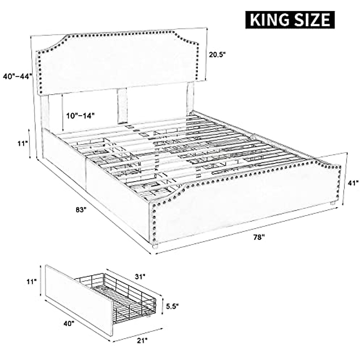 AMERLIFE King Size Bed Frame with 4 Storage Drawers and Headboard, King Velvet Upholstered Platform Bed with Rivet Curved Adjustable Headboard/Strong Wooden Slats/Easy Assembly/Grey