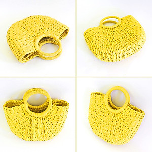 QTKJ Simple Retro Semi-circle Rattan Straw Bag Hand-Woven Round Handle Handbags Summer Beach Bag Tote Straw Bag Purse (Yellow)