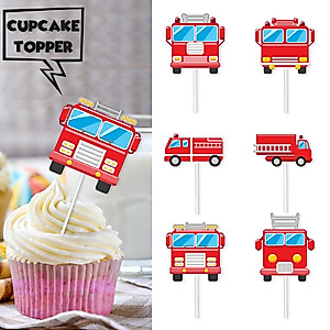 18pcs Red Glitter Fire Truck Dessert Cupcake Topper Firefighter Fireman Cars Theme Decor Supplies Baby Shower Boy Girl Happy Birthday Party Decorations