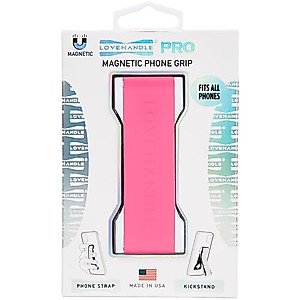 LoveHandle PRO Premium Phone Grip - Silicone Phone Strap - Magnetic Phone Mount and Kickstand for Smartphone and Tablet - Hot Pink Silicone on White Base