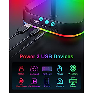 COSDIG RGB Gaming Headphone Stand for Desk,Headset Stand,Headphone Holder Storage with 3 USB and 3.5mm AUX Ports,Headphone Hanger Mount Gaming Earphone Accessories as PC Gamer Gift