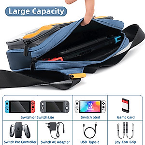 GeekShare Large Capacity Multifunctional Switch/Switch OLED Travel Carrying Case-Color Contrast Laser Messenger Bag Compatible with Switch (Blue & Yellow)