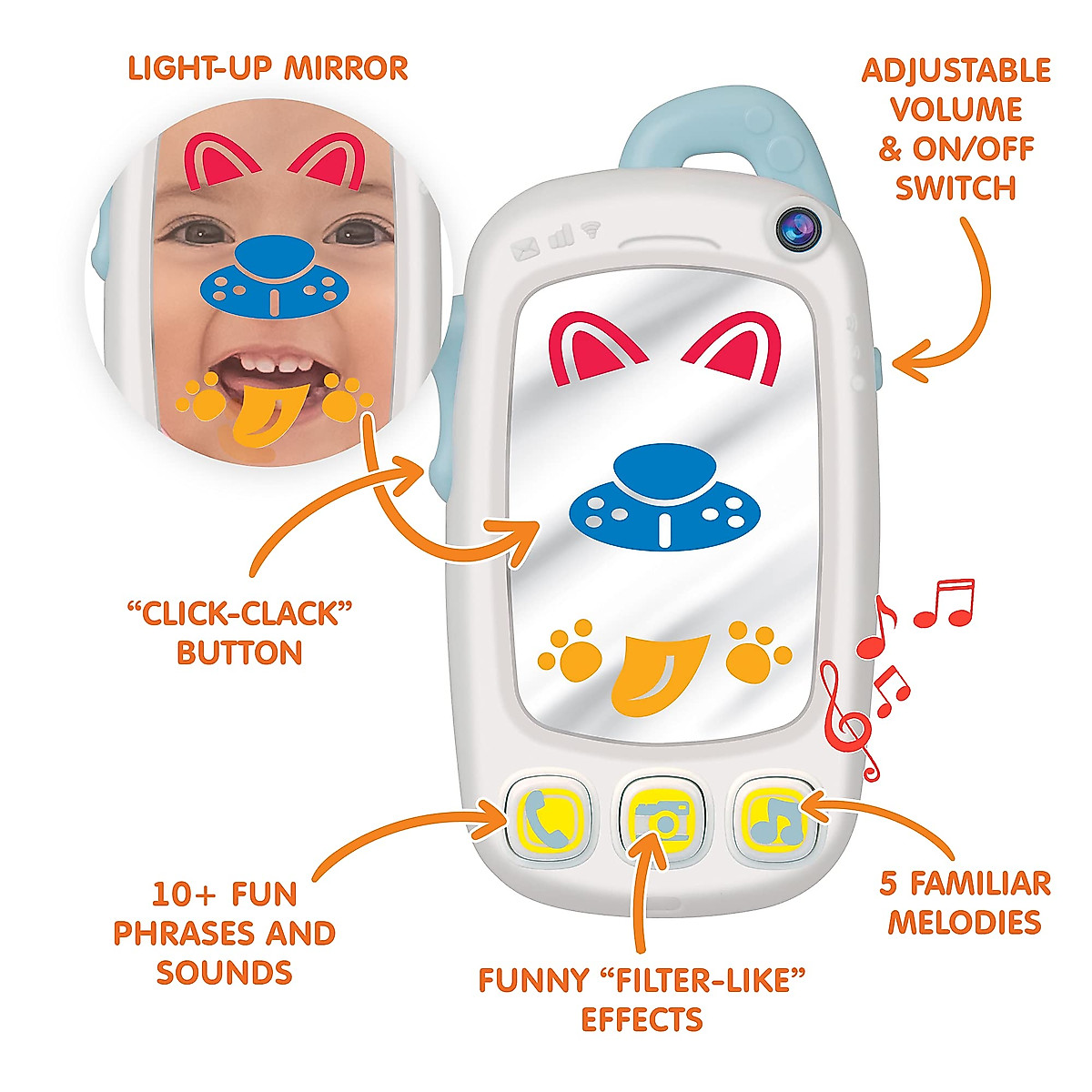 Baby Selfie Toy Phone with Easy-Press Buttons & Light-up Mirror - Baby Phone for 9+ Month Old - Play Phone Baby Musical Toys to Encourage Tummy Time, for Babies