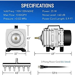 Simple Deluxe Commercial Air Pump 1030GPH, 35W, 65L/min 6 Outlet for Aquarium and Hydroponic Systems, Silver