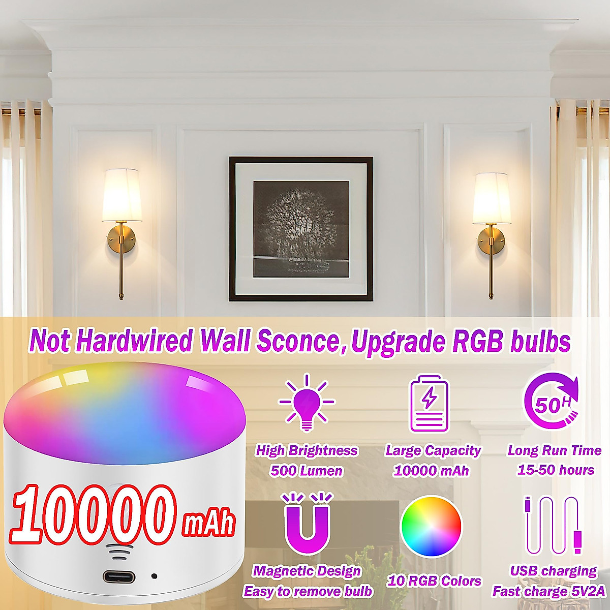 YHCDLAMP Battery Operated Wall Sconce Set of 2, Rechargeable Wall Sconce with 10000mAh Bulb and Remote Control, Up to 50 Hrs Use, RGB Dimmable Wireless Wall Lights for Living Room Bedroom Hallway