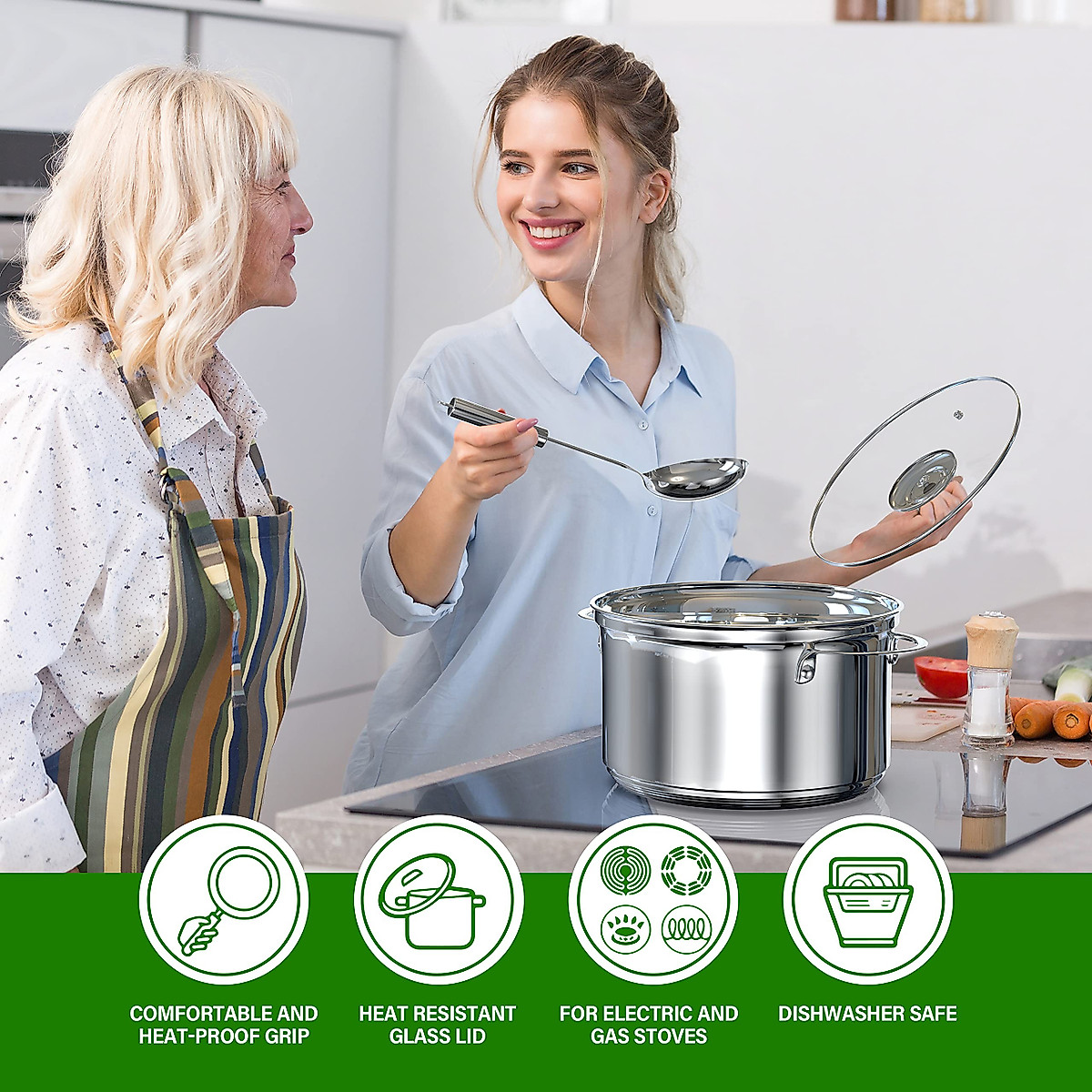18-Piece Stainless Steel Kitchen Cookware Set, Including Saucepan, Casseroles with Tempered Glass Lid, Frypan, Steamer, Salad Bowl with Cover, Fryer Basket, Heat Resistant Mat & Utensils Set, Silver