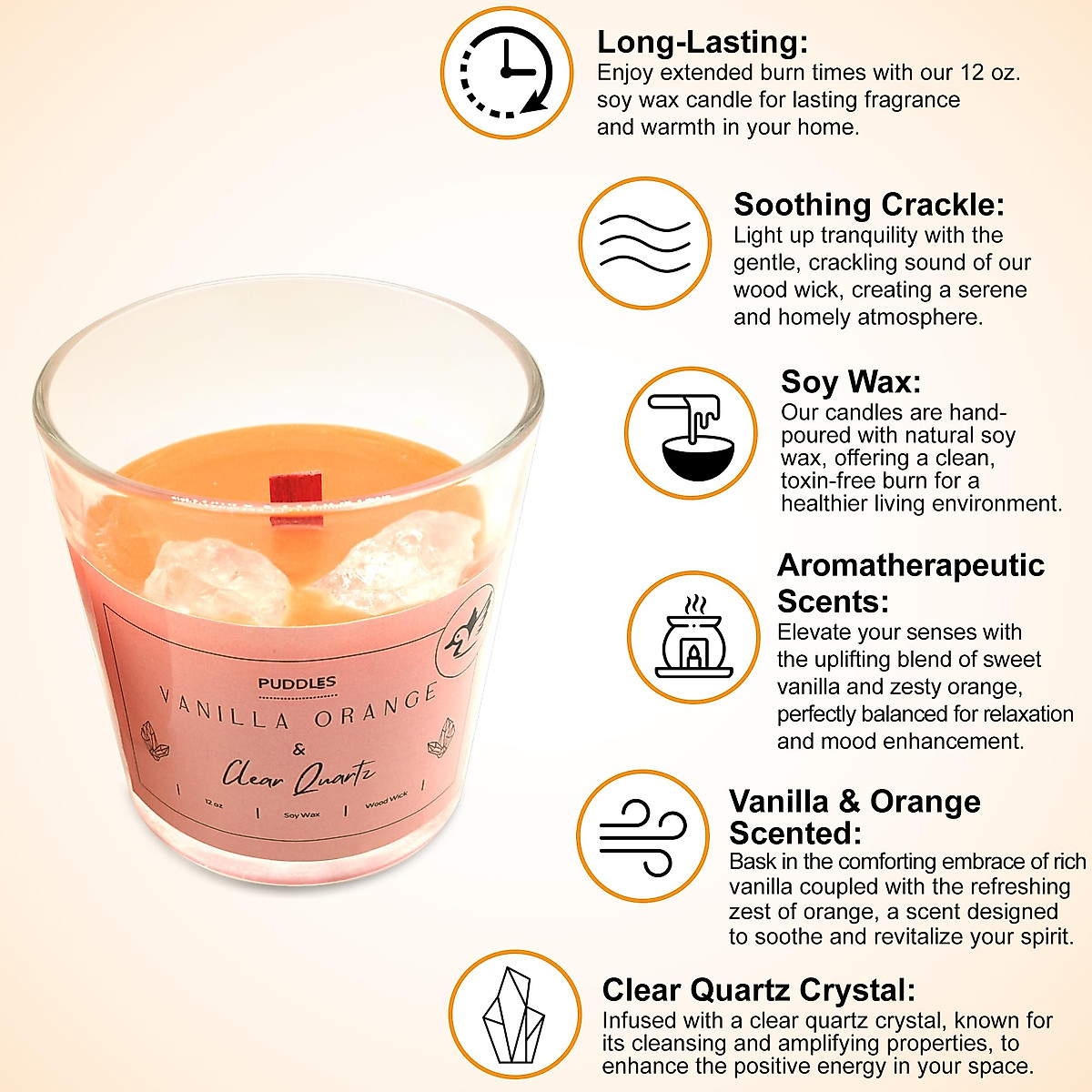 Vanilla and Orange Scented Soy Candle with Clear Quartz Crystals - Extra Large 12 oz, Long-Lasting, Wooden Wick, Calming, Relaxing Crackle by Puddles
