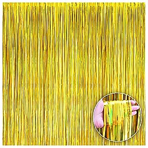 KatchOn, Holographic Gold Fringe Curtain Backdrop - XtraLarge, 3.25x8 Feet | Shiny Gold Backdrop Curtains for Parties | Gold Streamers Backdrop, Gold Foil Curtain for Gold Streamers Party Decorations