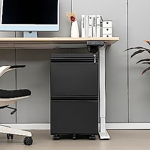 LVSTEEL 2 Drawer Mobile File Cabinet with Lock, Under Desk Metal Filing Cabinet for Home Office fits Legal/Letter/A4 File, Fully Assembled Except Wheels, Black
