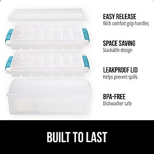 Gorilla Grip Stackable Ice Cube Tray and Bin Set, Includes 2 Trays with Lid and Scooper, Easy Release, Makes 56 Cubes for Cocktail Soda Coffee, Leak Proof Freezer Bucket Kit, Kitchen Gadget, Turquoise