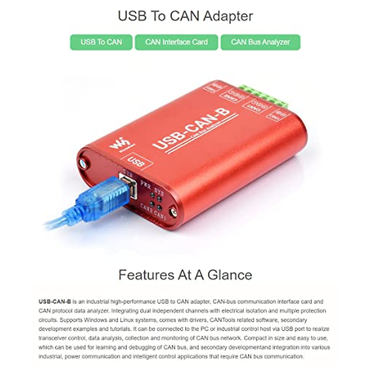Waveshare USB to CAN Adapter Dual-Channel CAN Analyzer Industrial Isolation Support Windows XP/7/8/10/11 and Linux Systems