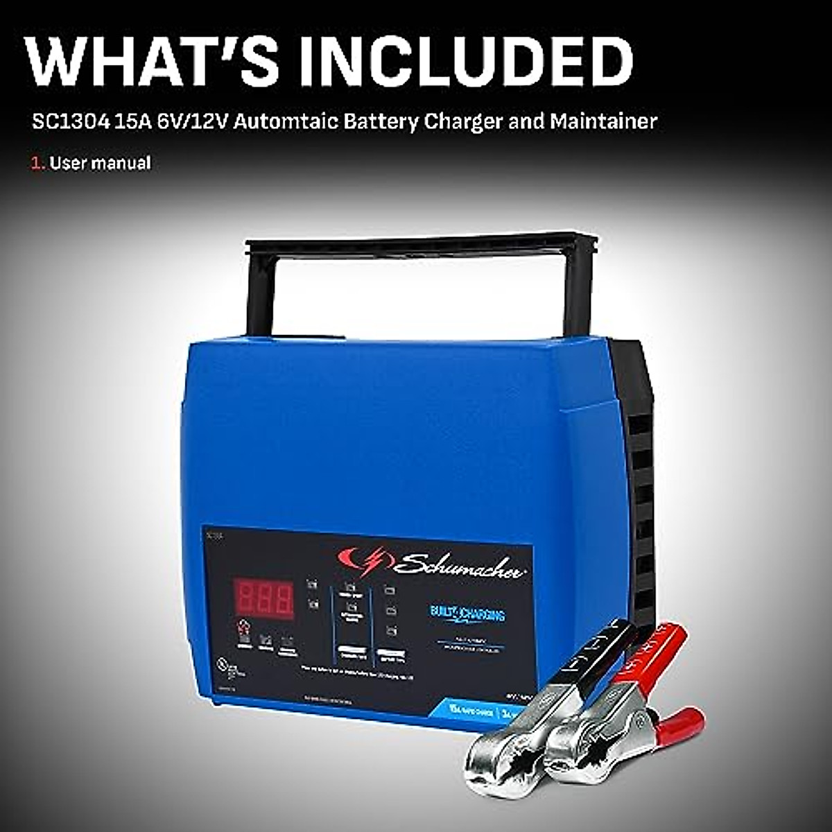 Schumacher Electric SC1304 Fully Automatic Rapid Battery Charger and Maintainer for Motorcycle, Power Sport, Boat, Car, and Truck Batteries, 15 Amps, 6 Volt, 12 Volt, Blue, Black, 1 Unit