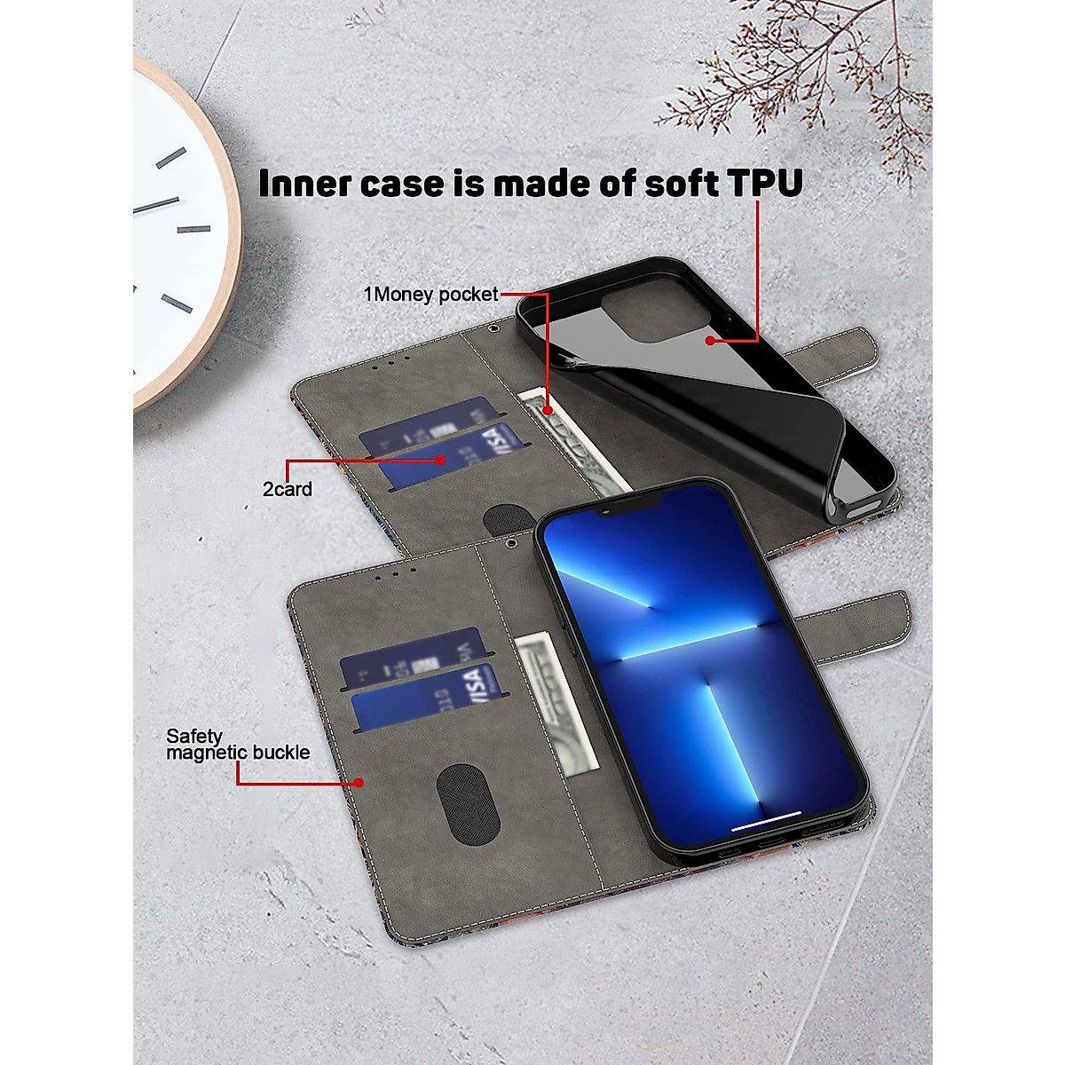 VODEFOX Wallet Case Compatible with iPhone 15 Case,Cute 3D Print Design Flip Folio Leather 2023 Phone Case Wallet leather Butterfly with Card Holder Magnetic Closure - Blue Rose