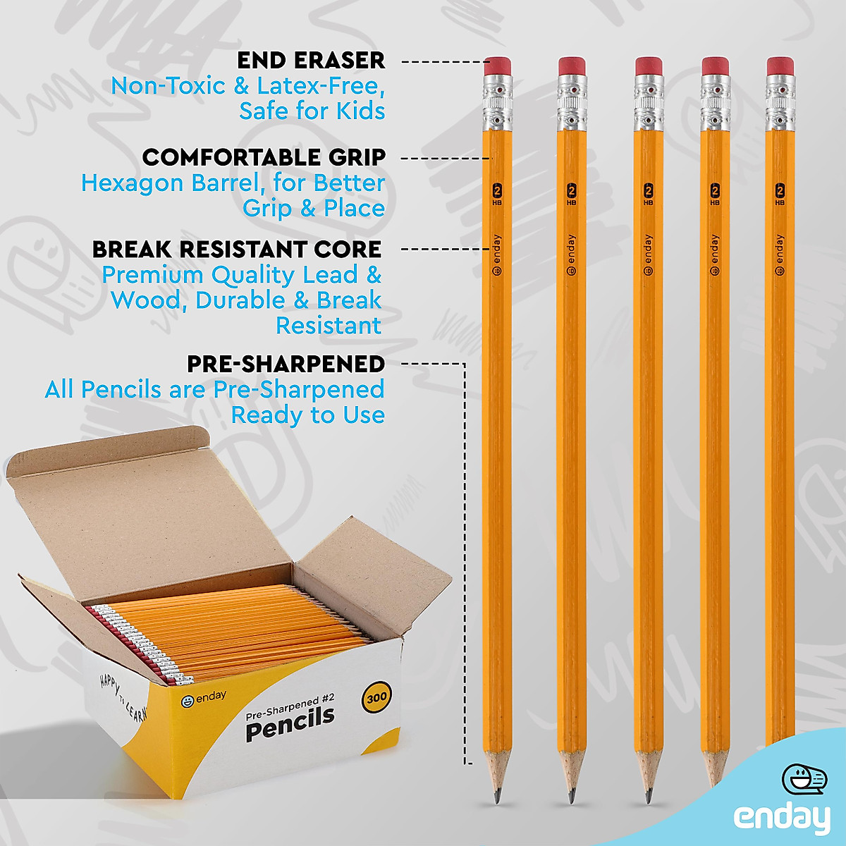 Enday #2 Pencils Bulk - 300 Pack, Pre-Sharpened Wood-Cased Pencils in Bulk with Latex-Free Eraser Top, Yellow Pencils for Office and Classroom Supplies