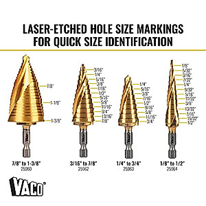 Klein Tools 25950 Step Drill Bit Set, Spiral Double Fluted, Titanium Nitride Coating, 1/4-Inch Impact Shank, Rugged Case, 4-Piece