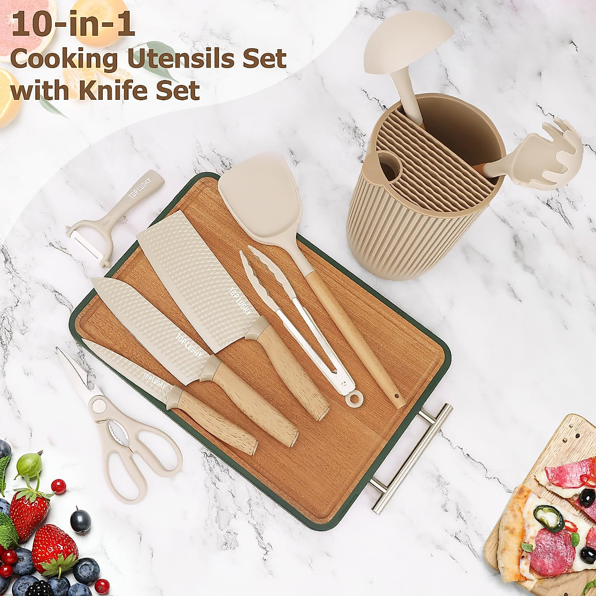 FTNESGYM Kitchen Knife Set, Knife Sets with Block and 4 PCS Kitchen Utensils Set, 10-in-1 Cooking Utensils Set with Knife Set and Utensils Holder, Silicone Spatula Set for Kitchen (Khaki)