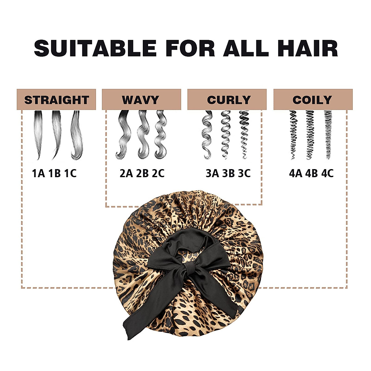 Women Satin Bonnet, Large Satin Bonnets for Braids Jumbo Size Silk Bonnet For Sleeping, Black Women Hair Bonnet with Stretchy Tie Band Sleep Bonnet Cap for Long Curly Hair Braid (Black & Leopard)