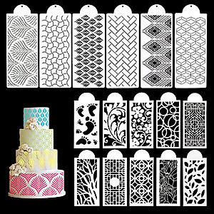 DI QIU REN 16PCS Cake Stencils Decorating Buttercream, 15X5.9 Inch Fondant Stencil for Cake Decoration Lace Cake Stencil & Template, Geometric Icing Stencil Cake Printing Mold Side Baking Mesh Stencil