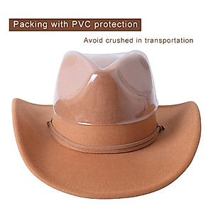 Lanzom Women Men Retro Felt Wide Brim Western Cowboy Cowgirl Hat Dress Up Hat with Wind Lanyard (Beige,Medium)