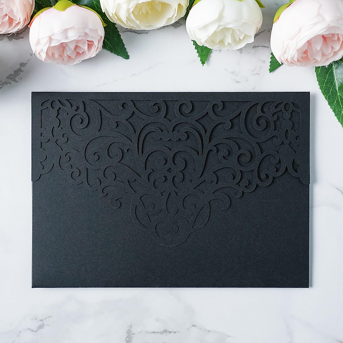 ponatia 20PCS Black Laser Cut Wedding Invitations Pockets, Tri-fold 5x7 Laser Cut Invitation Pockets for Wedding Bridal Shower Quinceanera 15 Anos Invite (No Envelopes & Inner Sheets)