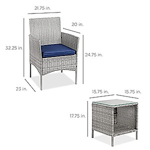 Best Choice Products 3-Piece Outdoor Wicker Conversation Bistro Set, Space Saving Patio Furniture for Yard, Garden w/ 2 Chairs, 2 Cushions, Side Storage Table - Gray/Navy