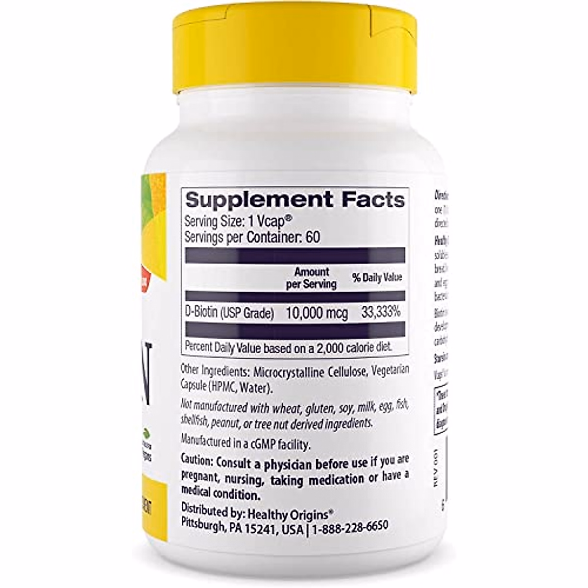 Healthy Origins Ultra-Potency Biotin (B7), 10,000 mcg - Supports Skin, Hair & Nails - High-Grade Vitamin B7 - Non-GMO, Gluten-Free Biotin for Vegans - 60 Veggie Capsules