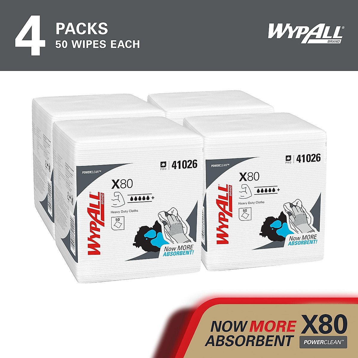 WypAll Power Clean X80 Heavy Duty Cloths (41026), Extended Use Cloths Quarter-fold Format, White, 50 Sheets / Pack; 4 Packs / Case; 200 Folded Sheets / Case