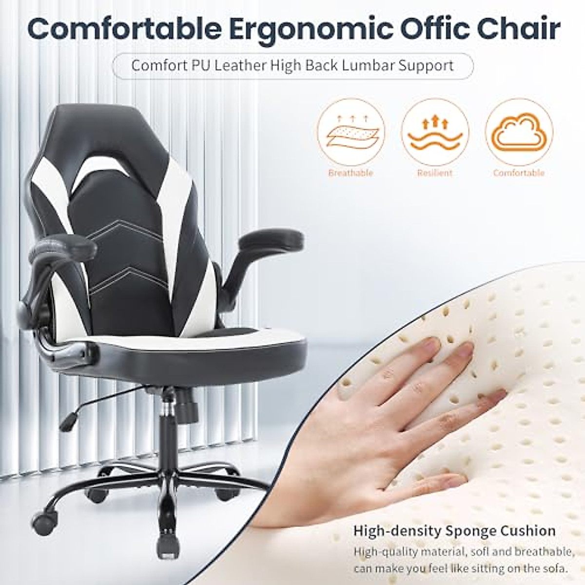 Computer Gaming Chair High Back, Ergonomic Office Seat with Flip-up Armrest, Wheeled Video Gamchair for Adults